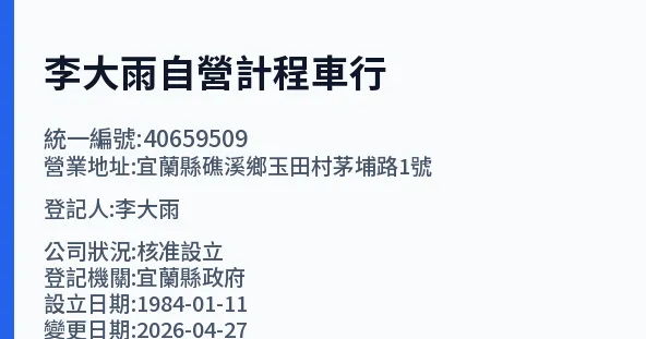 李大雨自營計程車行的照片-統編 40659509(宜蘭縣) 公司登記資料與營業項目詳細圖表