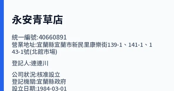 永安青草店的照片-統編 40660891(宜蘭縣) 公司登記資料與營業項目詳細圖表