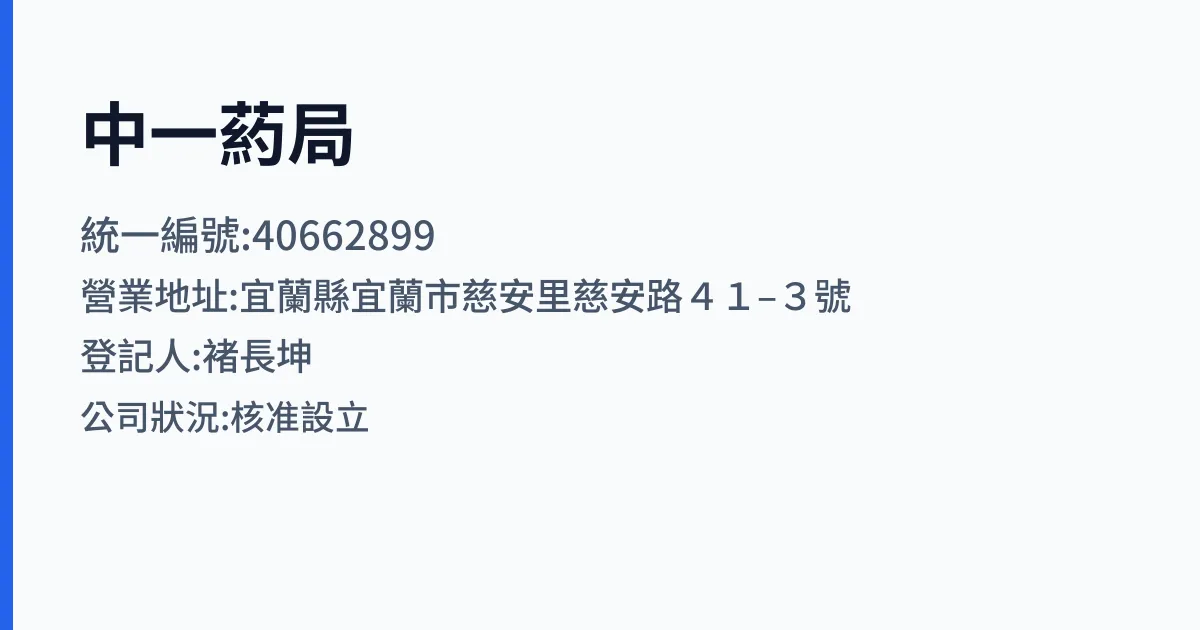 中一葯局 - 統編 40662899(宜蘭縣) 公司登記資料與營業項目詳細圖表
