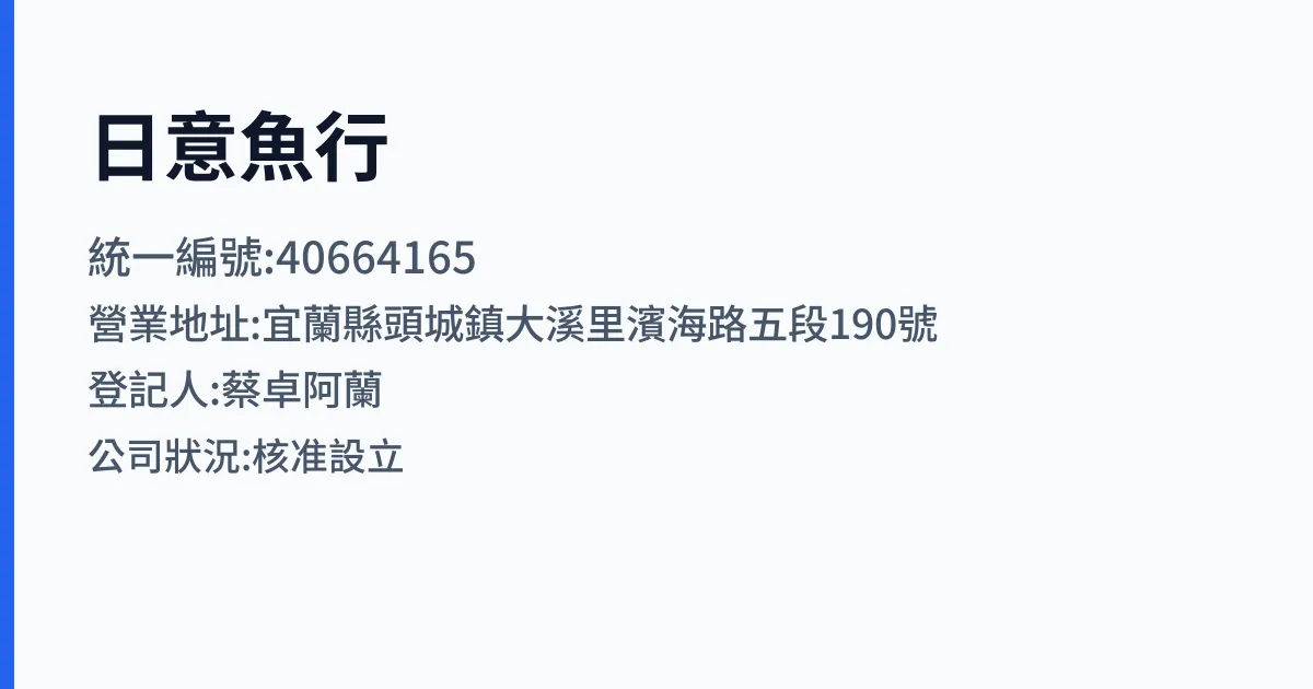 日意魚行 - 統編 40664165(宜蘭縣) 公司登記資料與營業項目詳細圖表