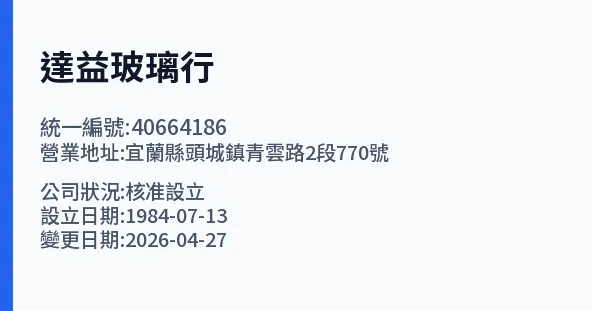 達益玻璃行的照片-統編 40664186(宜蘭縣) 公司登記資料與營業項目詳細圖表