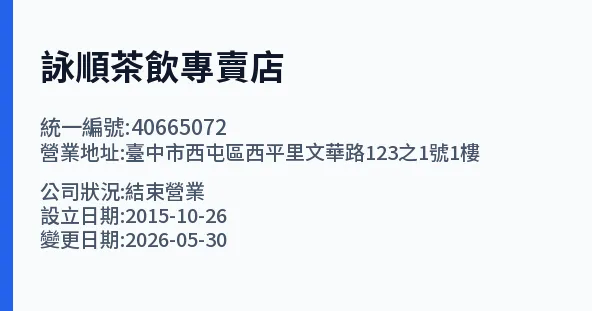 詠順茶飲專賣店的照片-統編 40665072(臺中市) 公司登記資料與營業項目詳細圖表