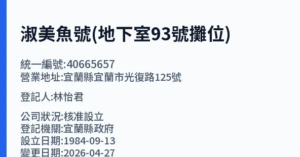 淑美魚號(地下室93號攤位)的照片-統編 40665657(宜蘭縣) 公司登記資料與營業項目詳細圖表