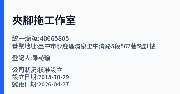 夾腳拖工作室的照片-統編 40665805(臺中市) 公司登記資料與營業項目詳細圖表