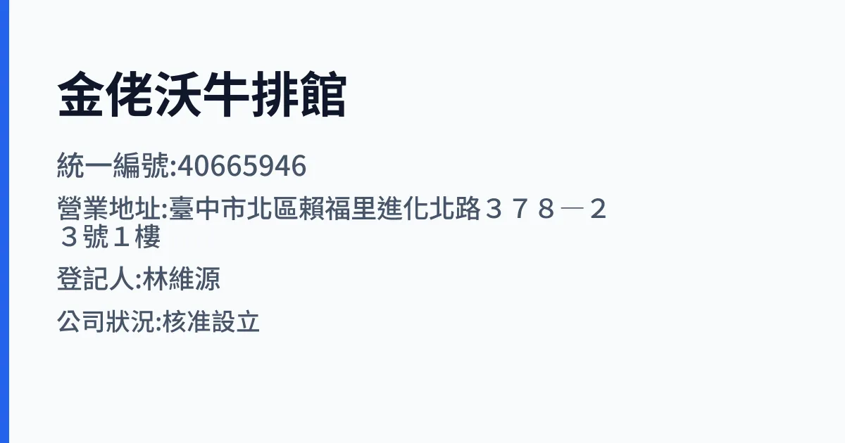 金佬沃牛排館 - 統編 40665946(臺中市) 公司登記資料與營業項目詳細圖表