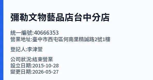 彌勒文物藝品店台中分店的照片-統編 40666353(臺中市) 公司登記資料與營業項目詳細圖表