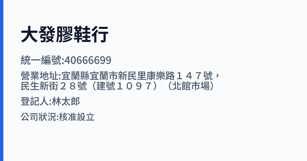 大發膠鞋行 - 統編 40666699(宜蘭縣) 公司登記資料與營業項目詳細圖表