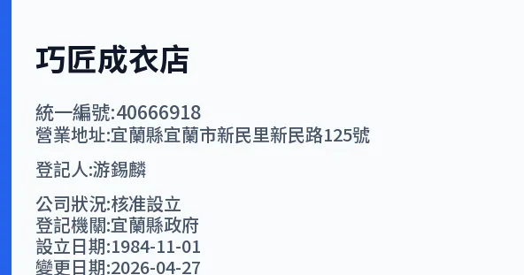 巧匠成衣店的照片-統編 40666918(宜蘭縣) 公司登記資料與營業項目詳細圖表