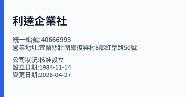 利達企業社的照片-統編 40666993(宜蘭縣) 公司登記資料與營業項目詳細圖表