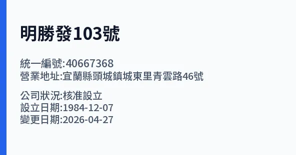 明勝發103號的照片-統編 40667368(宜蘭縣) 公司登記資料與營業項目詳細圖表