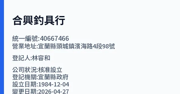 合興釣具行的照片-統編 40667466(宜蘭縣) 公司登記資料與營業項目詳細圖表