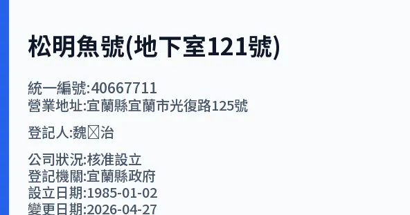 松明魚號(地下室121號)的照片-統編 40667711(宜蘭縣) 公司登記資料與營業項目詳細圖表