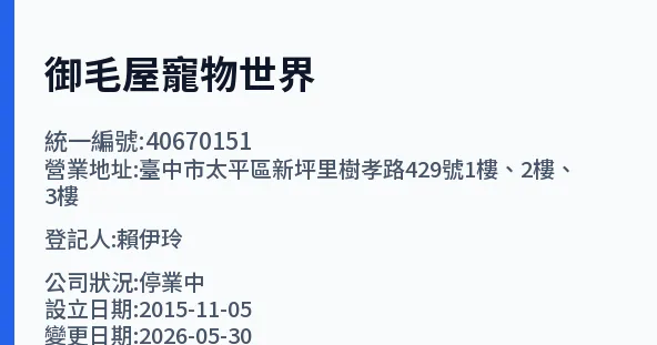 御毛屋寵物世界的照片-統編 40670151(臺中市) 公司登記資料與營業項目詳細圖表