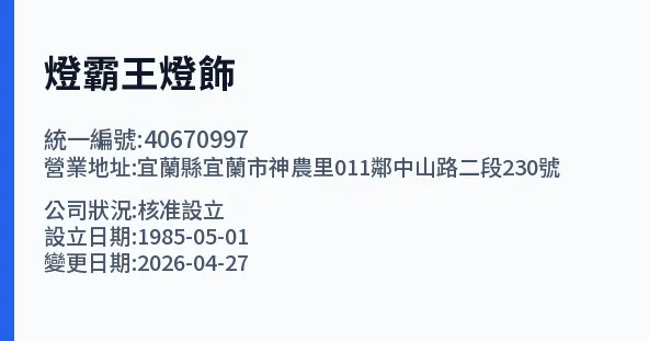 燈霸王燈飾的照片-統編 40670997(宜蘭縣) 公司登記資料與營業項目詳細圖表