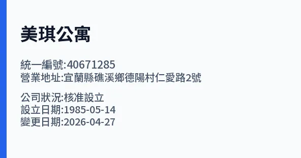 美琪公寓的照片-統編 40671285(宜蘭縣) 公司登記資料與營業項目詳細圖表