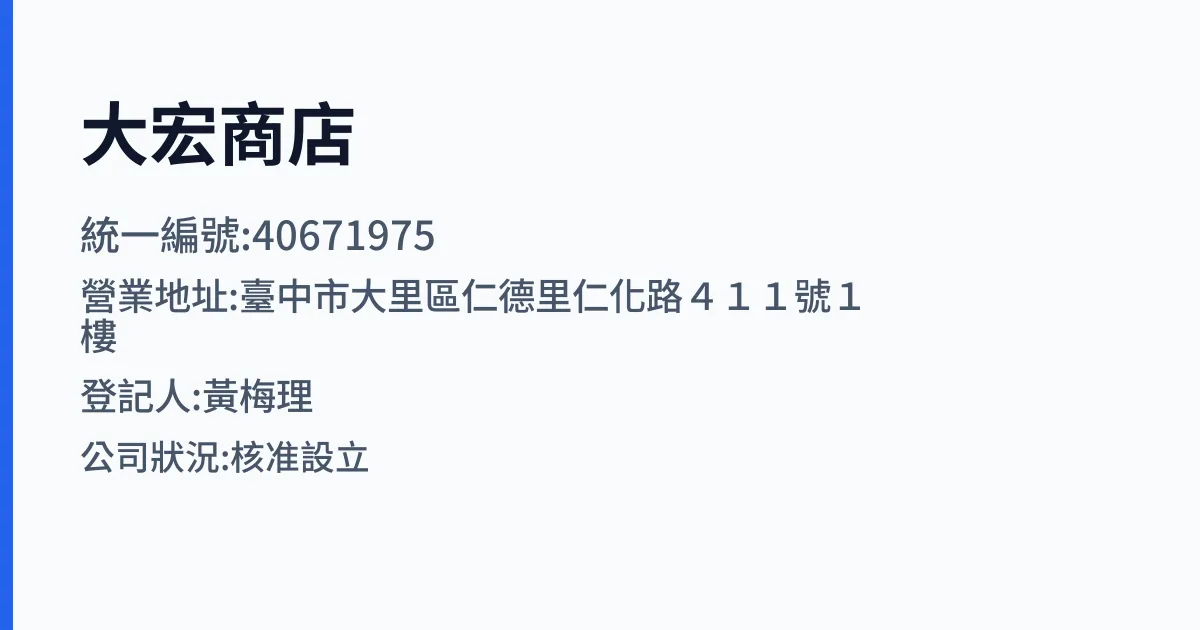 大宏商店 - 統編 40671975(臺中市) 公司登記資料與營業項目詳細圖表