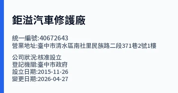 鉅溢汽車修護廠的照片-統編 40672643(臺中市) 公司登記資料與營業項目詳細圖表