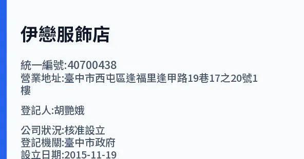 伊戀服飾店的照片-統編 40700438(臺中市) 公司登記資料與營業項目詳細圖表