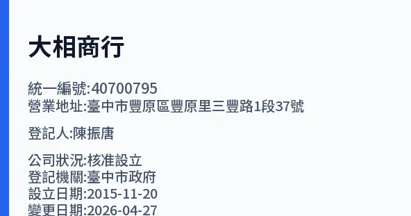 大相商行的照片-統編 40700795(臺中市) 公司登記資料與營業項目詳細圖表