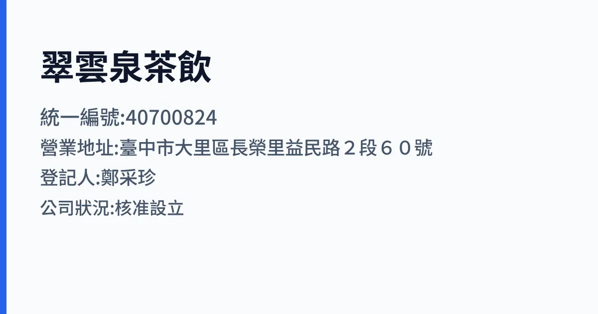 翠雲泉茶飲 - 統編 40700824(臺中市) 公司登記資料與營業項目詳細圖表
