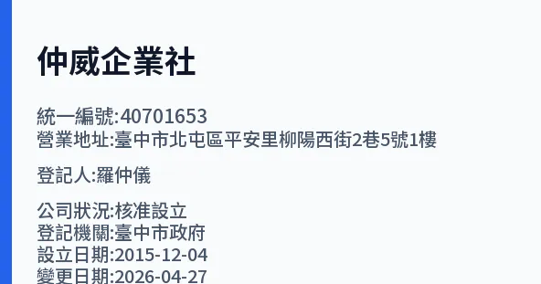 仲威企業社的照片-統編 40701653(臺中市) 公司登記資料與營業項目詳細圖表