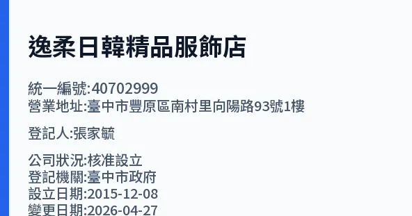 逸柔日韓精品服飾店的照片-統編 40702999(臺中市) 公司登記資料與營業項目詳細圖表