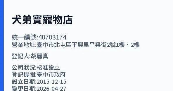 犬弟寶寵物店的照片-統編 40703174(臺中市) 公司登記資料與營業項目詳細圖表