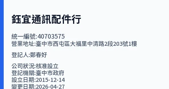 鈺宜通訊配件行的照片-統編 40703575(臺中市) 公司登記資料與營業項目詳細圖表