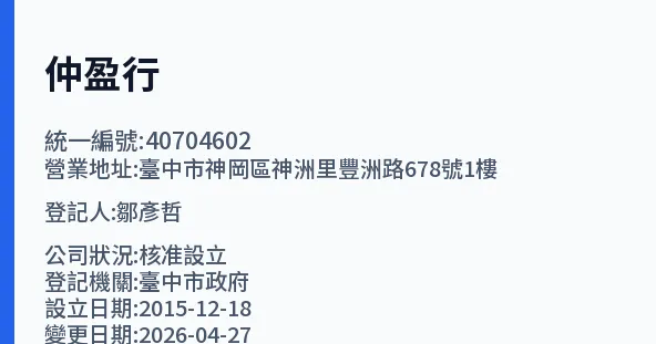 仲盈行的照片-統編 40704602(臺中市) 公司登記資料與營業項目詳細圖表