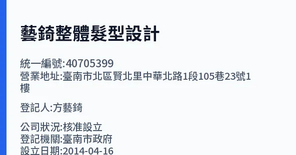 藝錡整體髮型設計的照片-統編 40705399(臺南市) 公司登記資料與營業項目詳細圖表
