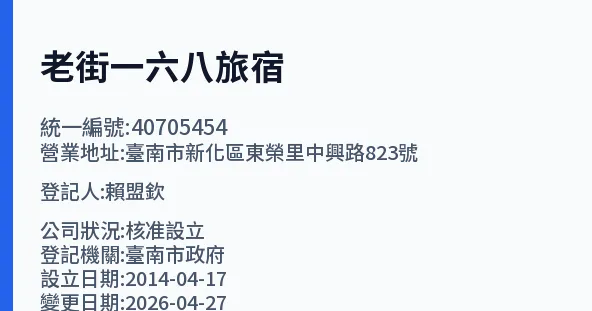 老街一六八旅宿的照片-統編 40705454(臺南市) 公司登記資料與營業項目詳細圖表