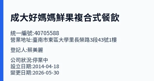 成大好媽媽鮮果複合式餐飲的照片-統編 40705588(臺南市) 公司登記資料與營業項目詳細圖表