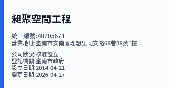 昶聚空間工程的照片-統編 40705671(臺南市) 公司登記資料與營業項目詳細圖表