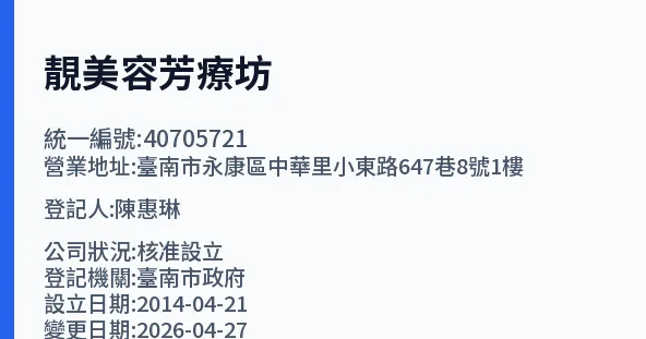 靚美容芳療坊的照片-統編 40705721(臺南市) 公司登記資料與營業項目詳細圖表