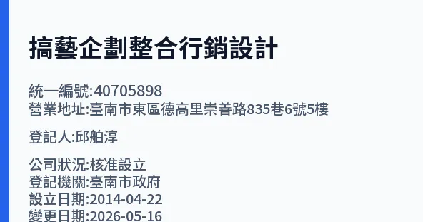 搞藝企劃整合行銷設計的照片-統編 40705898(臺南市) 公司登記資料與營業項目詳細圖表