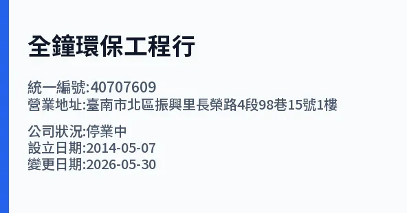 全鐘環保工程行的照片-統編 40707609(臺南市) 公司登記資料與營業項目詳細圖表
