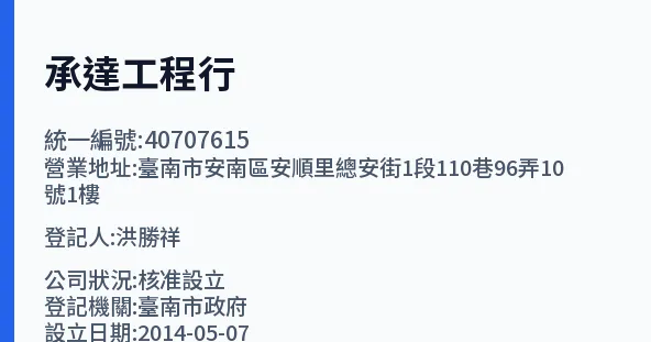 承達工程行的照片-統編 40707615(臺南市) 公司登記資料與營業項目詳細圖表
