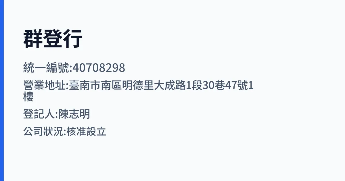 群登行 - 統編 40708298(臺南市) 公司登記資料與營業項目詳細圖表