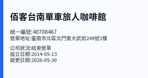 佰客台南單車旅人咖啡館的照片-統編 40708467(臺南市) 公司登記資料與營業項目詳細圖表