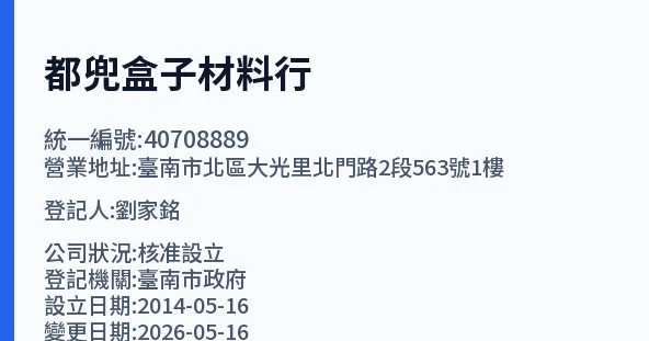 都兜盒子材料行的照片-統編 40708889(臺南市) 公司登記資料與營業項目詳細圖表