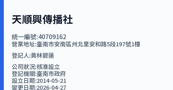 天順興傳播社的照片-統編 40709162(臺南市) 公司登記資料與營業項目詳細圖表