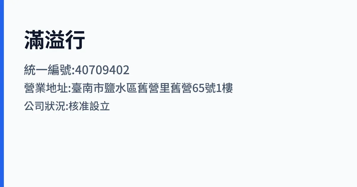 滿溢行 - 統編 40709402(臺南市) 公司登記資料與營業項目詳細圖表