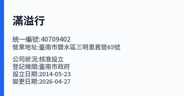 滿溢行的照片-統編 40709402(臺南市) 公司登記資料與營業項目詳細圖表