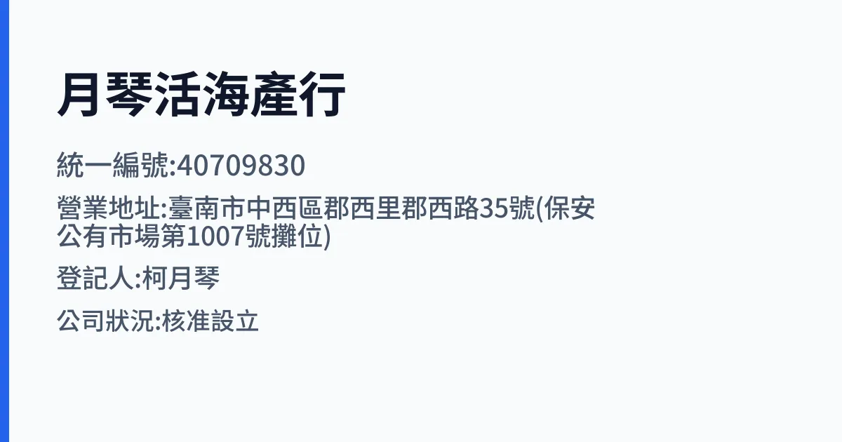 月琴活海產行 - 統編 40709830(臺南市) 公司登記資料與營業項目詳細圖表