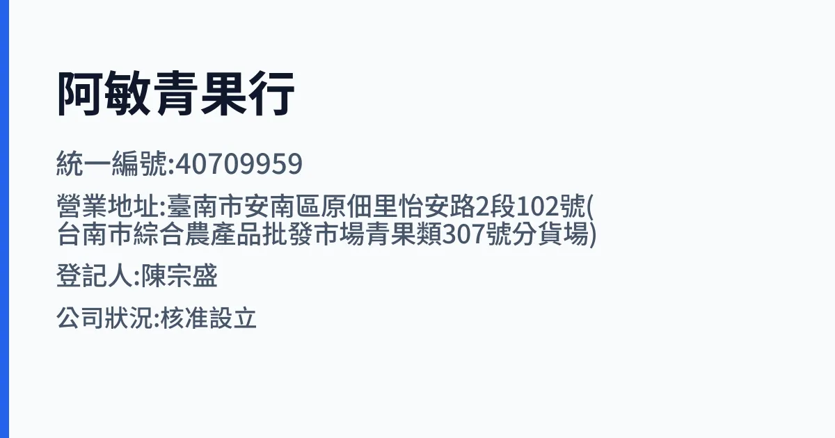 阿敏青果行 - 統編 40709959(臺南市) 公司登記資料與營業項目詳細圖表