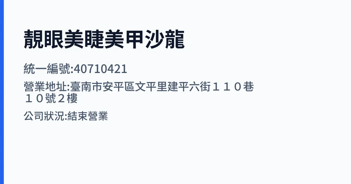 靚眼美睫美甲沙龍 - 統編 40710421(臺南市) 公司登記資料與營業項目詳細圖表