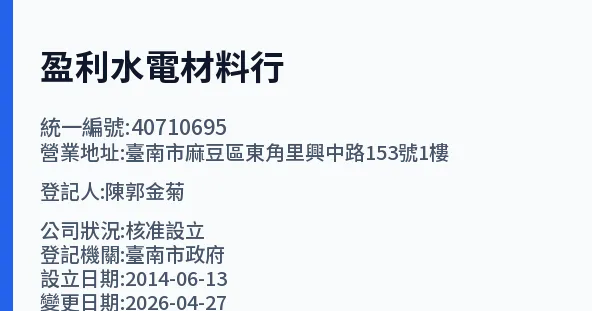 盈利水電材料行的照片-統編 40710695(臺南市) 公司登記資料與營業項目詳細圖表
