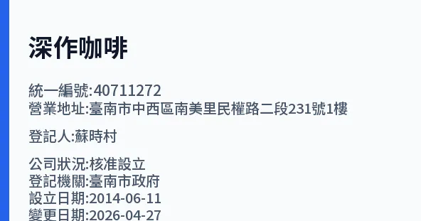 深作咖啡的照片-統編 40711272(臺南市) 公司登記資料與營業項目詳細圖表