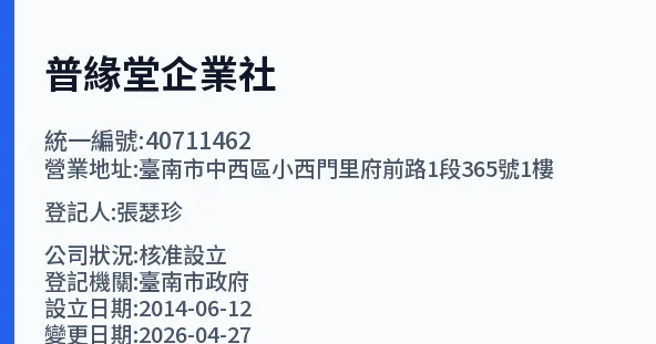 普緣堂企業社的照片-統編 40711462(臺南市) 公司登記資料與營業項目詳細圖表