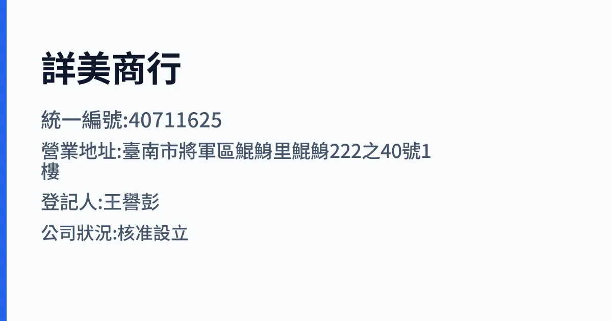 詳美商行 - 統編 40711625(臺南市) 公司登記資料與營業項目詳細圖表
